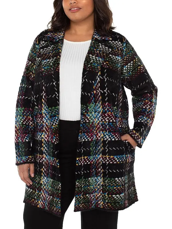 LIVERPOOL Notched Lapel Sweater Coat - Black Multi Plaid