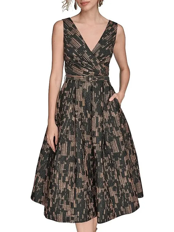 Donna Karan New York Pleated Brocade Dress - Black/ Gold Multi