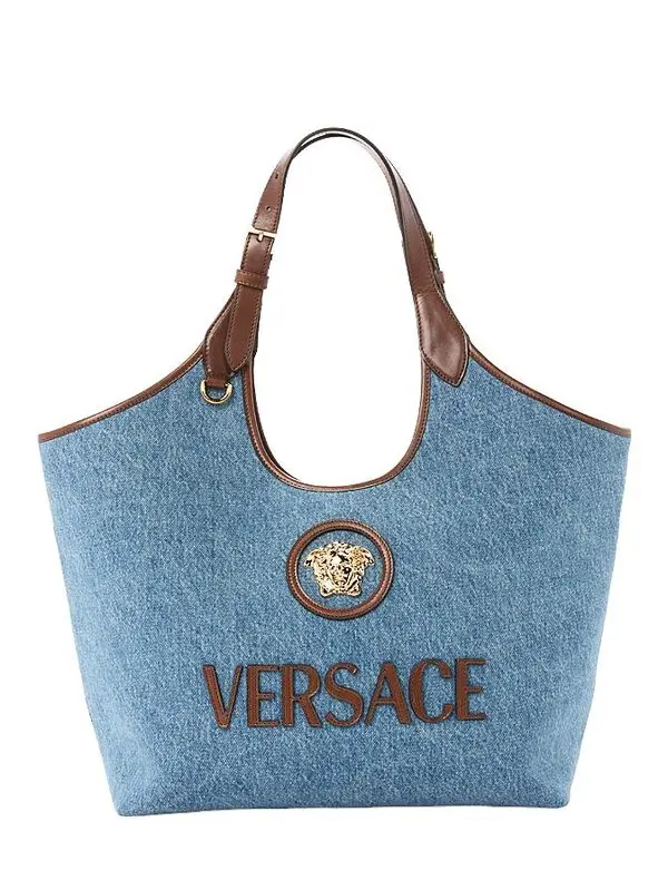 Versace La Medusa & Leather Tote - Denim