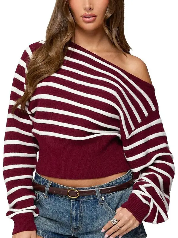 EDIKTED Mika Off-shoulder Oversized Sweater - Burgundy