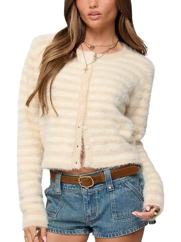 EDIKTED Striped Fuzzy Knit Cardigan - Cream