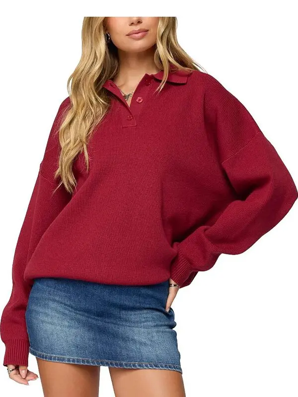 EDIKTED Oversized Knit Polo Sweater - Red