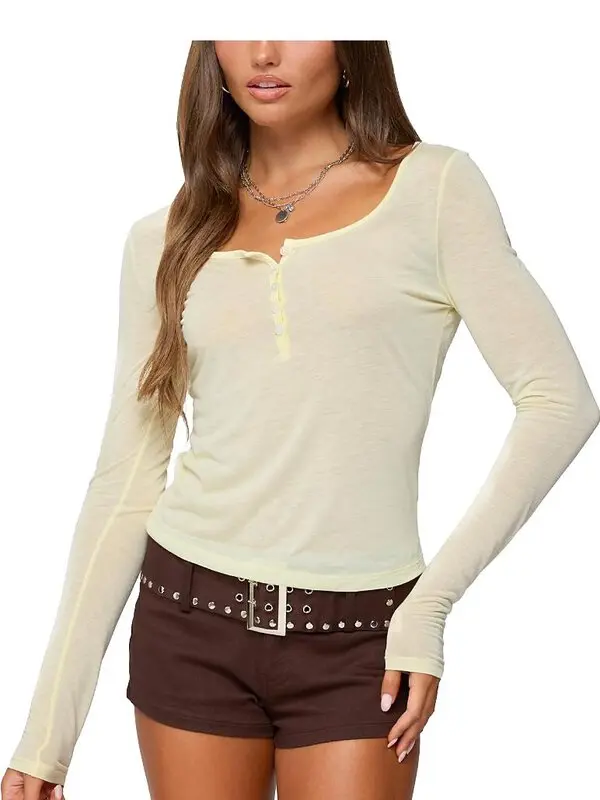 EDIKTED Sheer Henley Top - Yellow