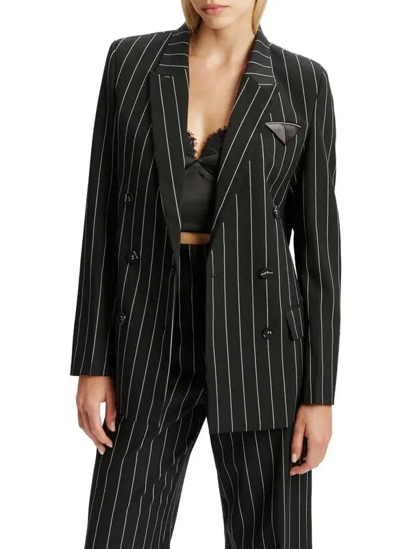 Bardot Sloane Oversize Pinstripe Double Breasted Blazer - Black Stripe
