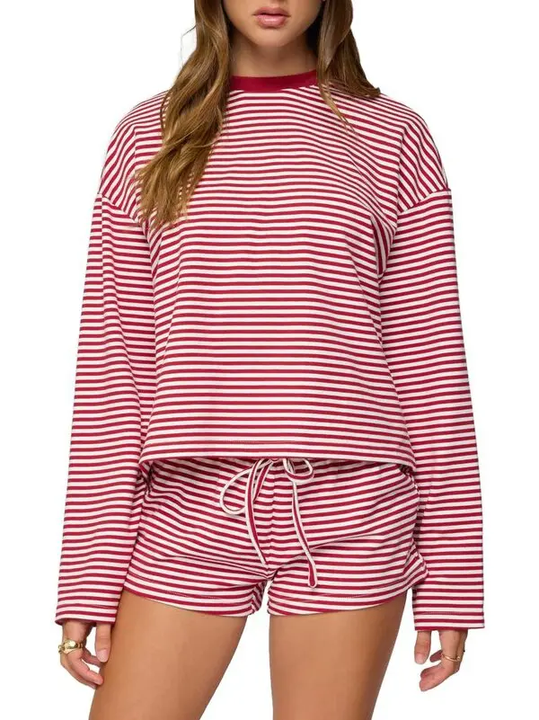 EDIKTED Striped Ringer Long-sleeve T-shirt - Burgundy