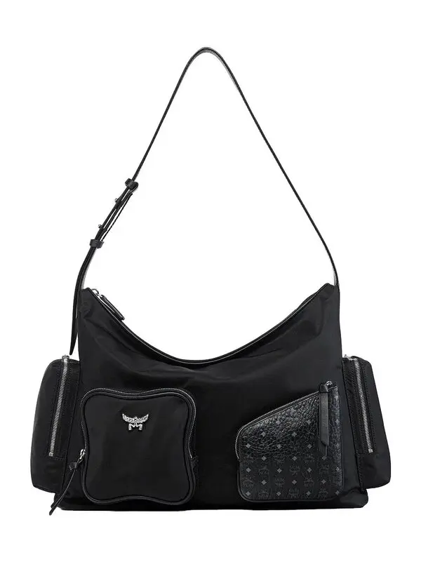 Mcm Aren Zip Hobo In Econyl® And Monogram Print Leather - Black