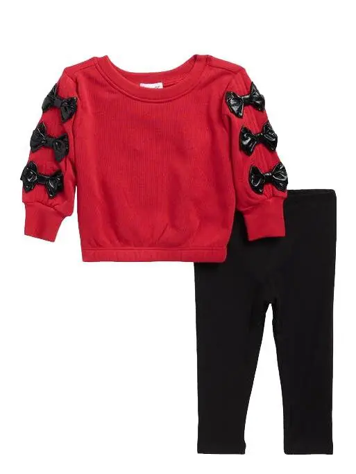 Splendid Bow Embellished Sweatshirt & Leggings Set - Scarlet
