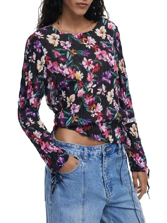 Desigual Floral Pintuck Top - Black