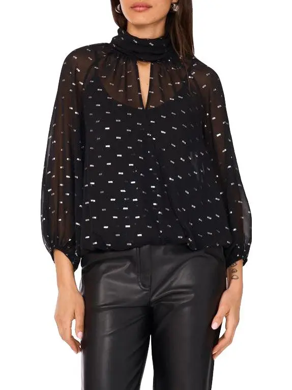 Vince Camuto Sheer Clip-dot Chiffon Faux Wrap Top - Rich Black
