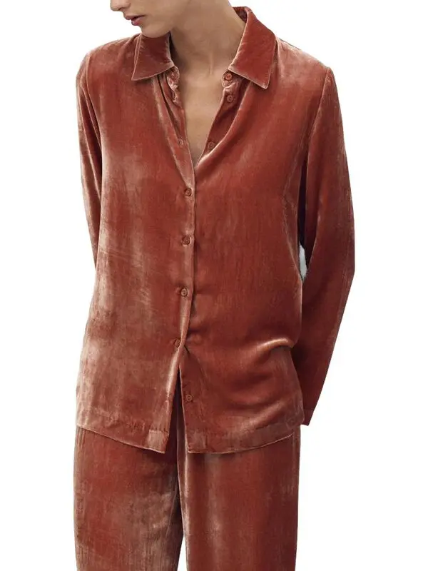 Mango Velvet Button-up Shirt - Burnt Orange