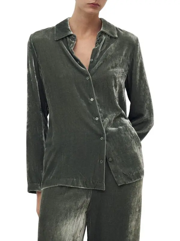 Mango Velvet Button-up Shirt - Green