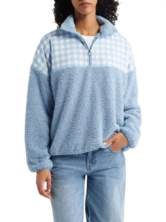 HAPPY CAMP3R Gingham Aria Colorblock Quarter Zip Pullover - Sky Blue