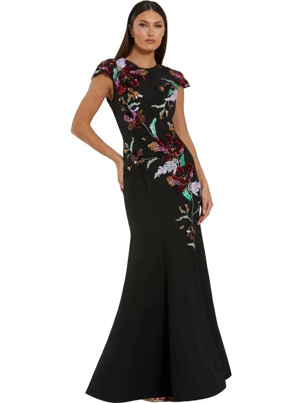 Mac Duggal Floral Sequin Embellished Trumpet Gown - Black Multi