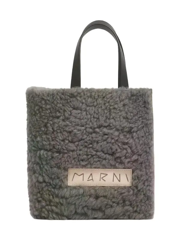 Marni Shearling Grained Leather Tote - Grey