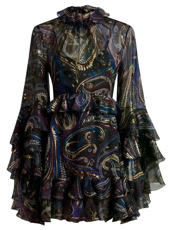 Etro Silk Mini Dress With Paisley Foliage Motif And Ruffles - Black