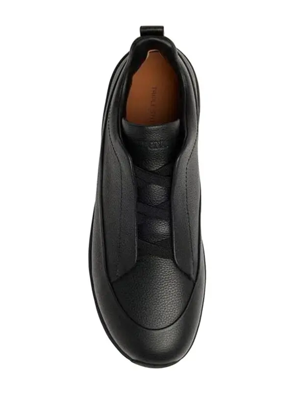 Zegna Triple Stitch Grained Leather Slip-on Sneakers - Black