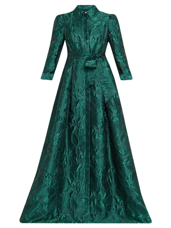 Rickie Freeman For Teri Jon Metallic Jacquard Floral Shirt Gown - Emerald