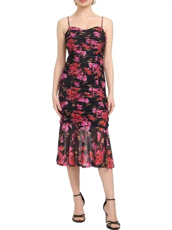 Guess Cordelia Floral Ruched Stretch-mesh Cocktail Dress - Dark Blooms
