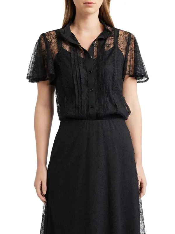 Anne Klein Lace Flutter Sleeve Button-up Shirt With Camisole - Asphalt