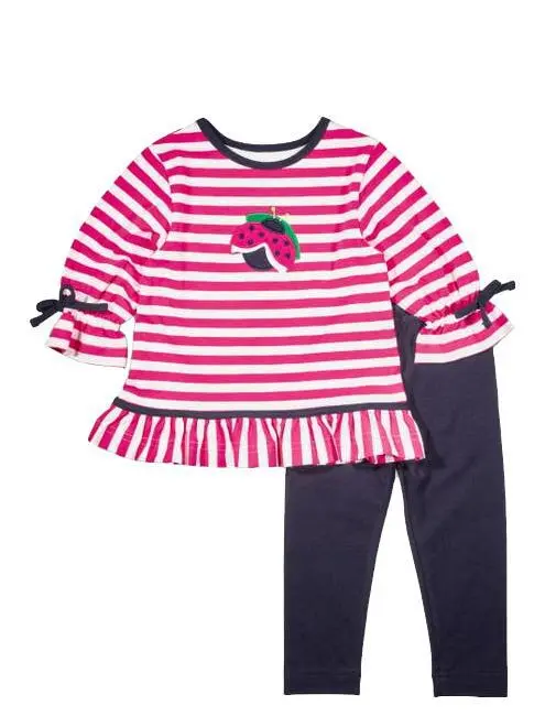 FLORENCE EISEMAN Knit Tunic And Leggings Set With Ladybug Appliqu - Pink/ White/ Navy