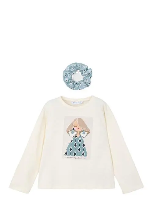 MAYORAL Girls' Long Sleeve T-shirt With Hair Accessory - Ivory