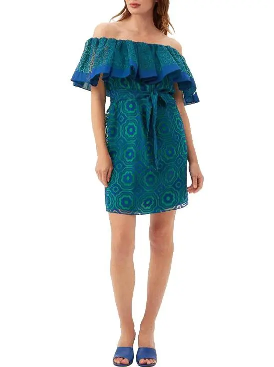 Trina Turk Off-the-shoulder Burnout Dress - Majorelle Blue/zelliege Green