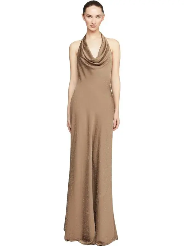 Halston Sid Satin Gown With Crystal Embellishment - Sandstone