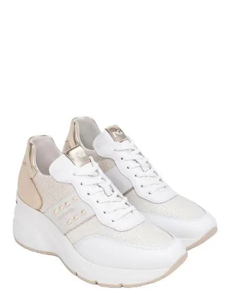 NEROGIARDINI Wedge Leather And Textile Sneaker - White/gold