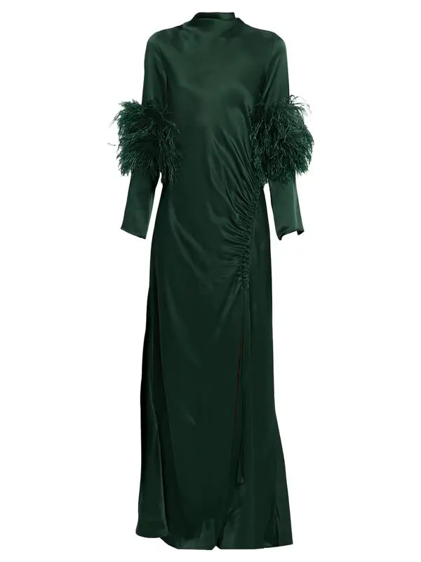 Lapointe Feather-trimmed Long-sleeve Satin Maxi Dress - Forest Gre
