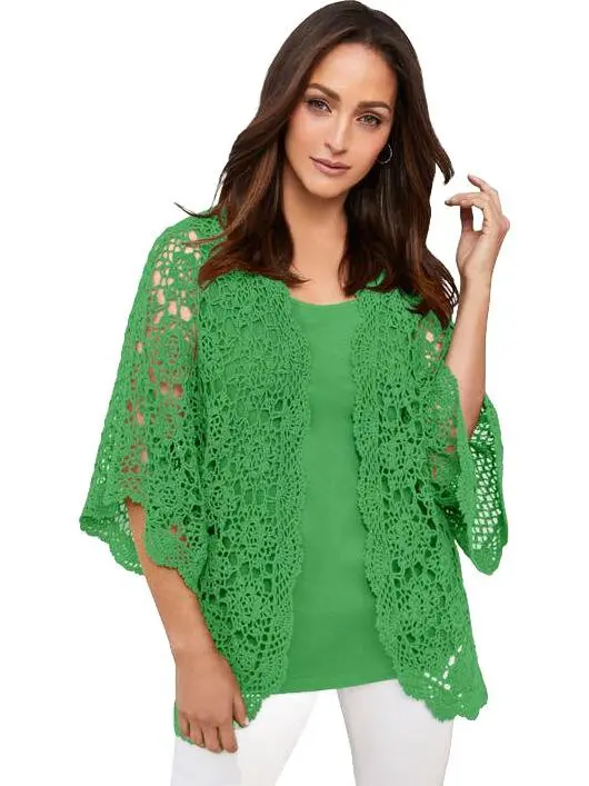 JESSICA LONDON Crochet Cardigan With Scalloped Trim - Grass