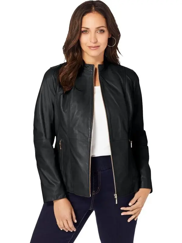 JESSICA LONDON Zip Front Leather Jacket - Black