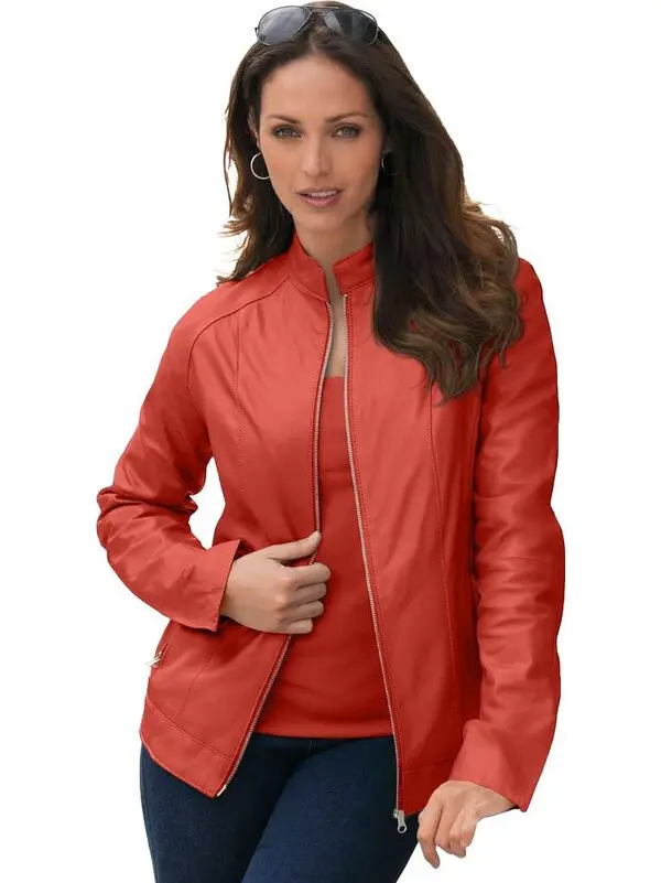 JESSICA LONDON Zip Front Leather Jacket - Burnt Red