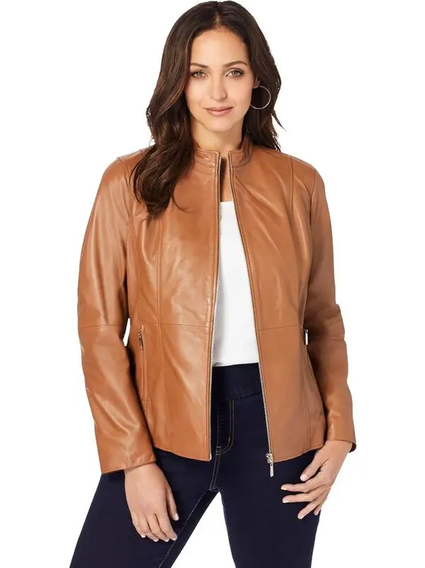 JESSICA LONDON Zip Front Leather Jacket - Cognac