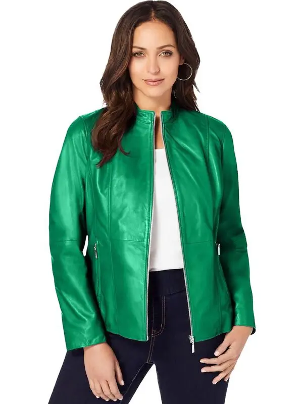 JESSICA LONDON Zip Front Leather Jacket - Kelly Green