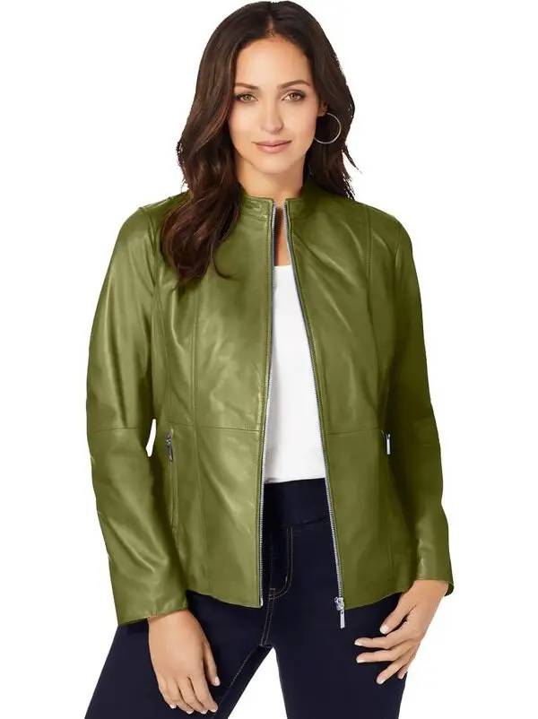 JESSICA LONDON Zip Front Leather Jacket - Moss Green
