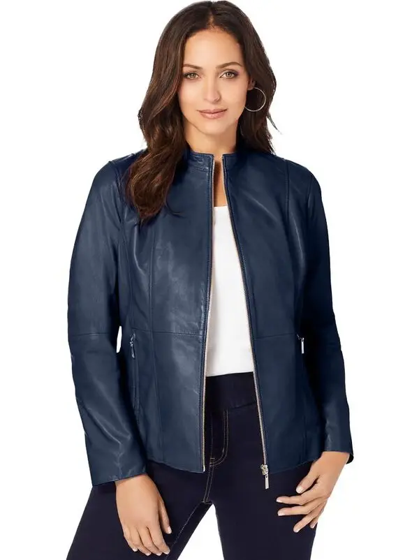 JESSICA LONDON Genuine Leather Zip-front Jacket - Navy