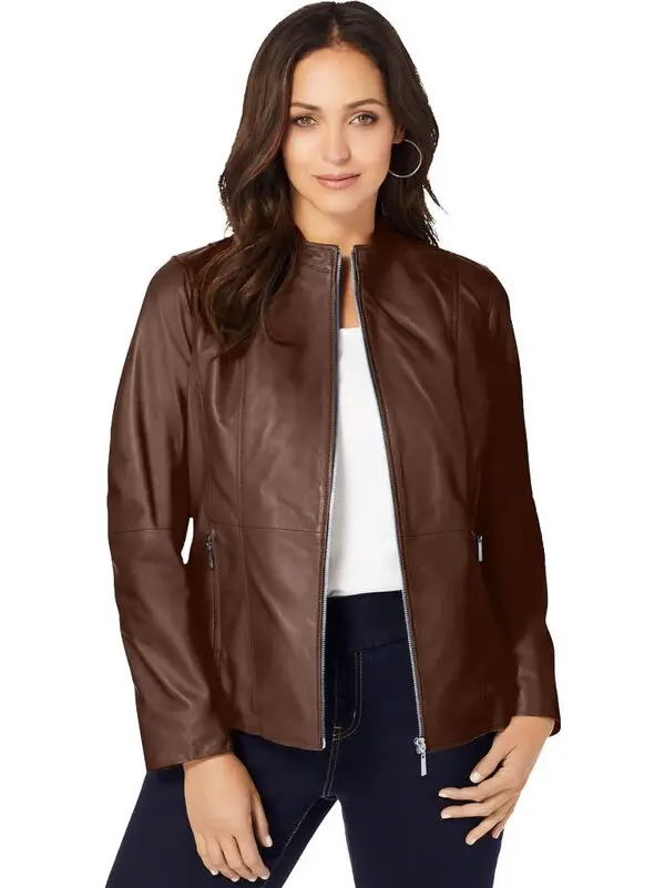 JESSICA LONDON Zip Front Leather Jacket - Rich Brown
