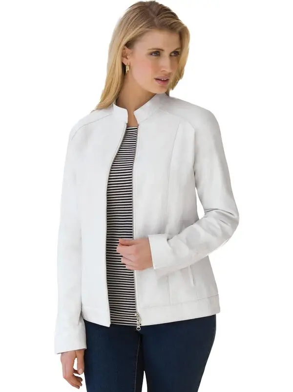 JESSICA LONDON Zip Front Leather Jacket - White