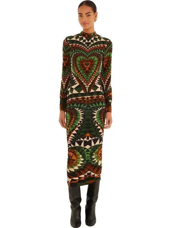 Farm Rio Heart Deco Long Sleeve Jersey Midi Dress - Heart Deco Green