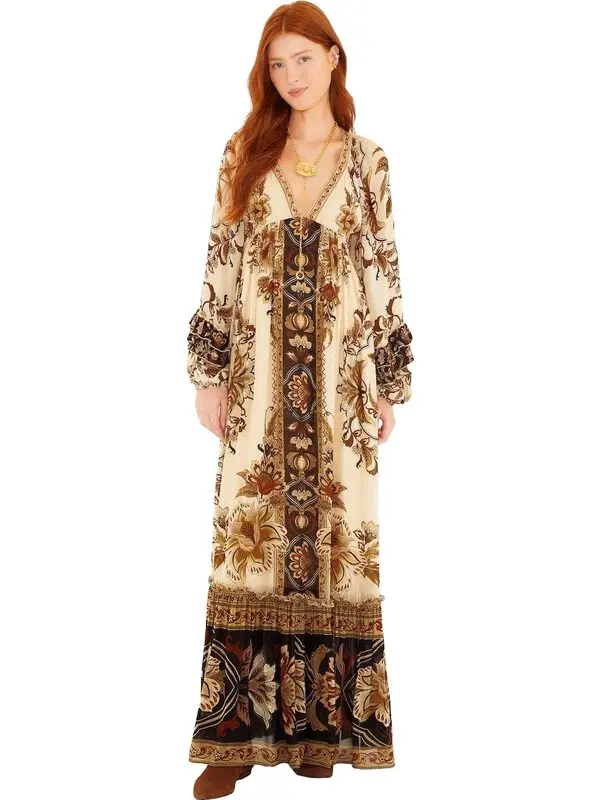 Farm Rio Majestic Garden Ruffled Maxi Dress - Majestic Garden Sand