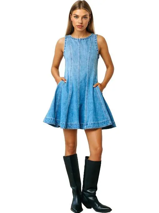 KNIT & LOUNGE Sleeveless Denim Fit And Flare Mini Dress - Blue