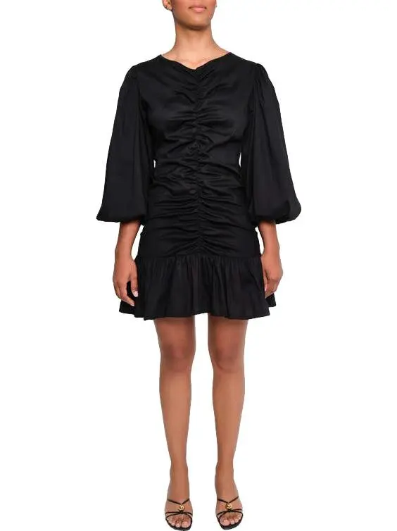 THE LULO PROJECT Ruched Balloon Sleeve Fit & Flare Dress - Black