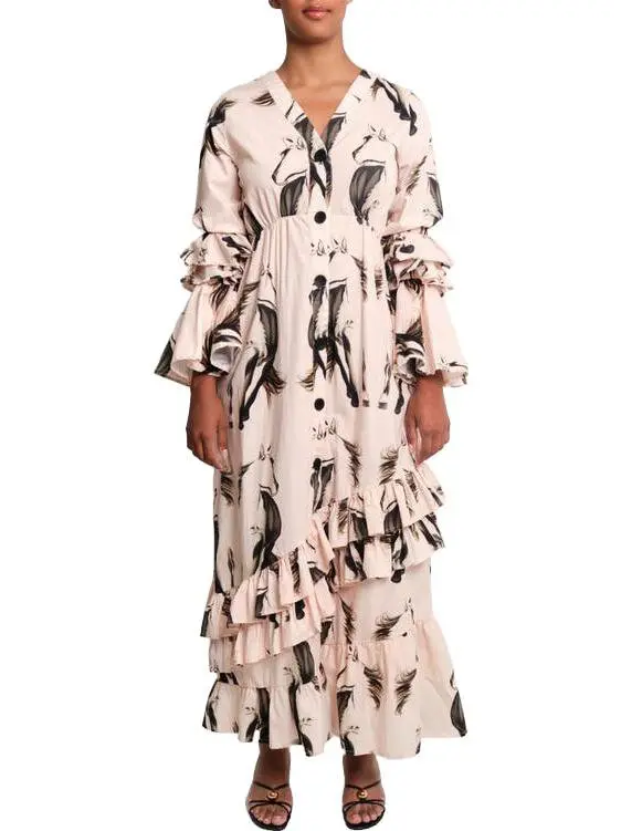 THE LULO PROJECT Gaucho Horse Print Maxi Dress - Beige Horses