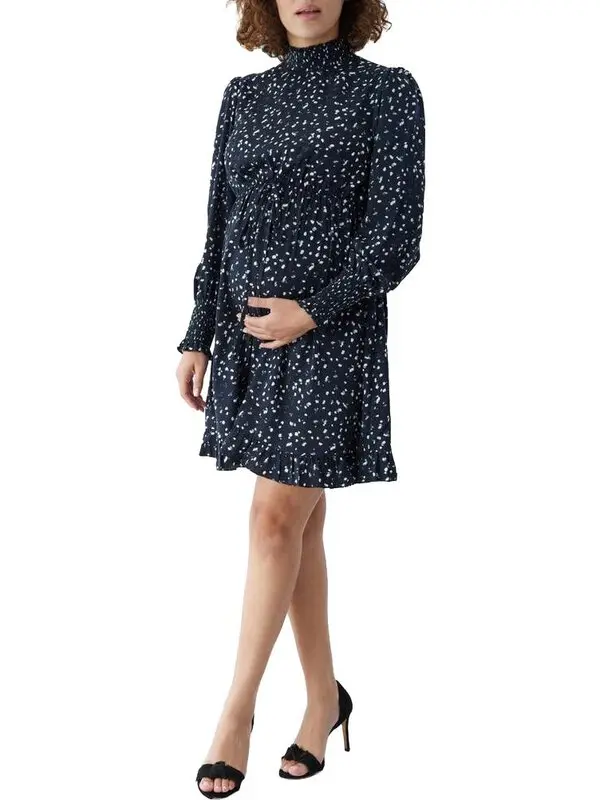 Ingrid & Isabel® Smocked Long Sleeve Maternity Dress - Black White Dot