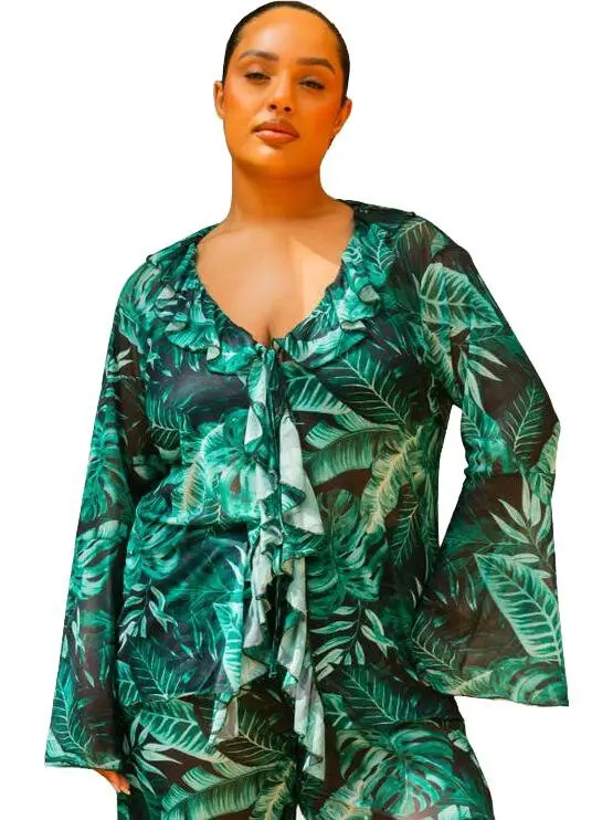 FASHION-SZN CURVE Palm Print Ruffle Top - Green