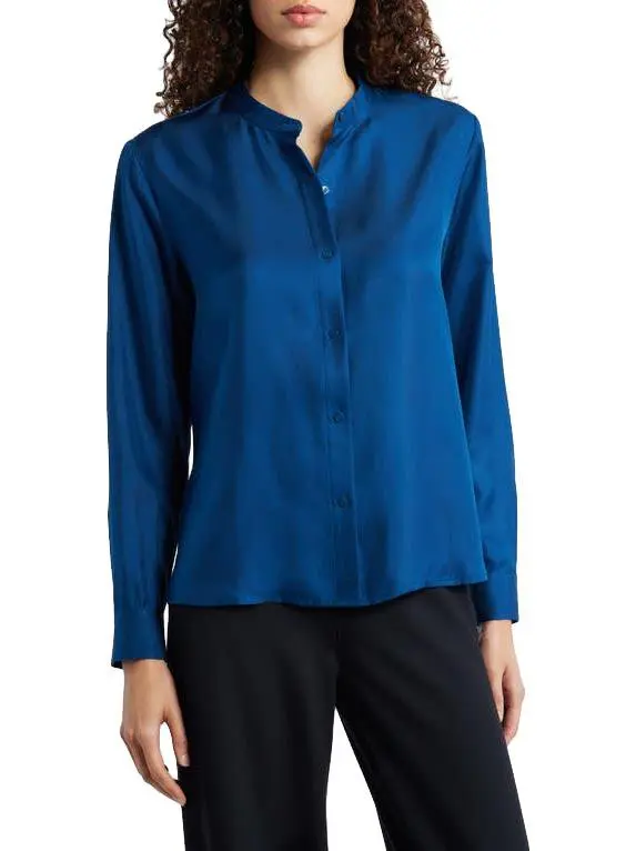 Eileen Fisher Mandarin Collar Silk Button-up Shirt - Atlantis