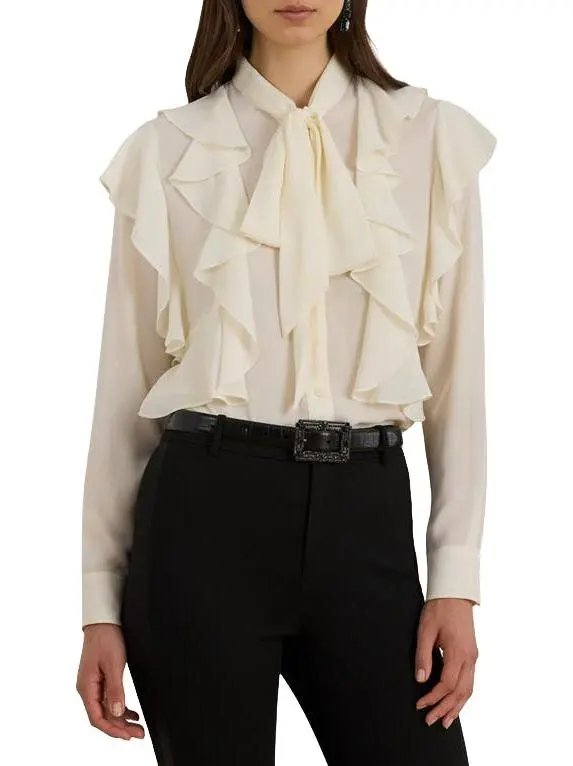 Ralph Lauren Tie Neck Ruffle Top - Mascarpone Cream