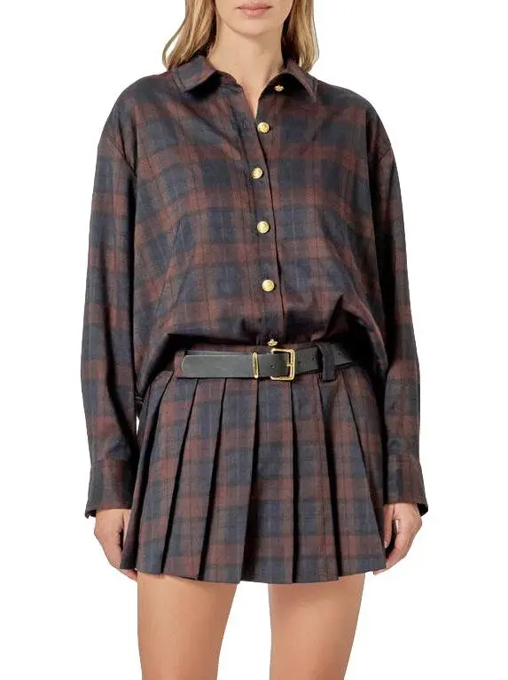 English Factory Oversized Plaid Shacket - Navy/brown