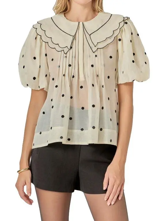English Factory Scallop Dot Sheer Puff Sleeve Top - Cream