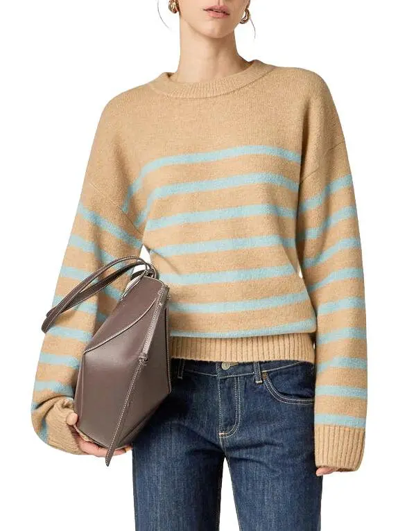 English Factory Striped Crewneck Relaxed Sweater - Tan/powder Blue